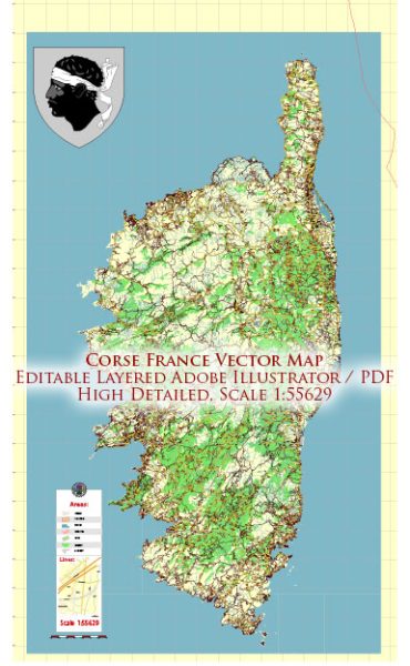 Corse France PDF Vector Map exact extra detailed All Roads Cities Towns ...