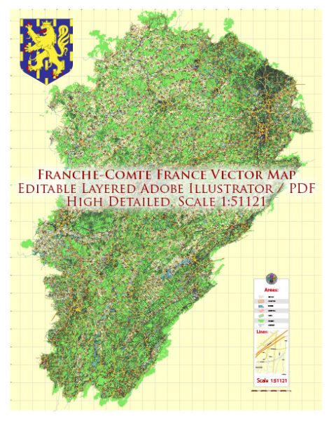 Franche Comte France Vector Map exact extra detailed All Roads Cities ...
