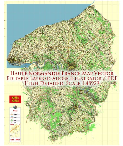 Haute Normandie France Vector Map exact extra detailed All Roads Cities ...