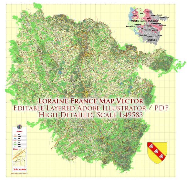 Loraine France Vector Map exact extra detailed All Roads Cities Towns ...