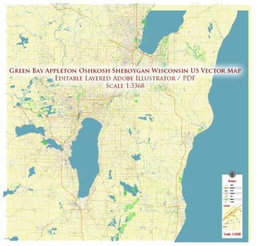 Green Bay – Sheboygan area Wisconsin US Vector Map exact high detailed ...