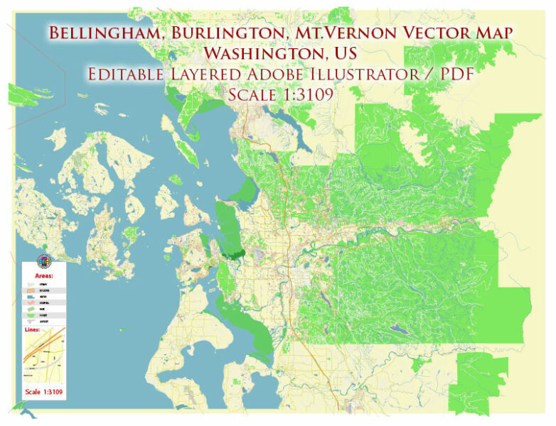 Bellingham Washington US Vector Map exact high detailed editable ...