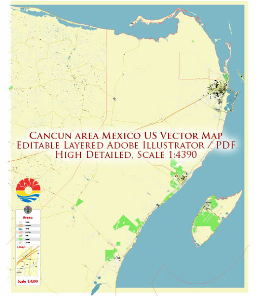 Cancun Mexico Vector Map high detailed All Roads Streets Cities Towns ...