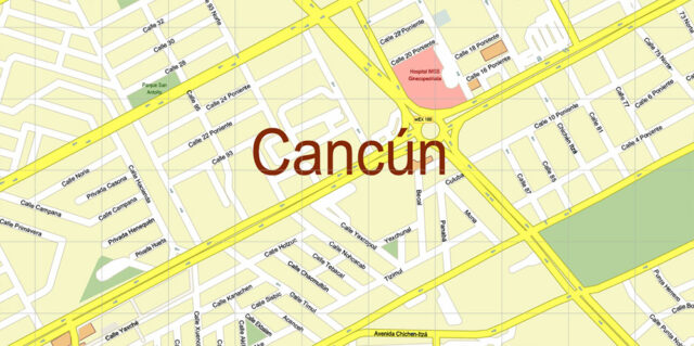 Cancun Mexico Vector Map high detailed All Roads Streets Cities Towns ...