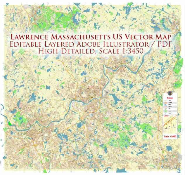 Lawrence Massachusetts US Vector Map high detailed All Roads Streets ...