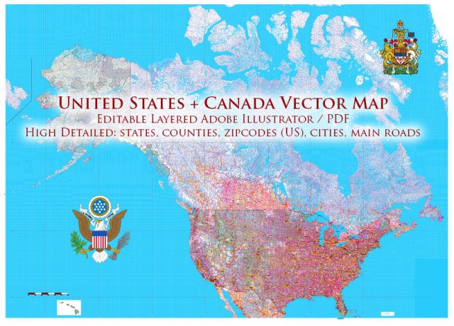 United States (+ zipcodes) and Canada Vector Map Main Roads Cities ...