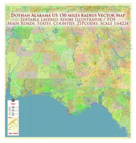 Dothan Alabama US 150 miles radius area Vector Map high detailed All ...