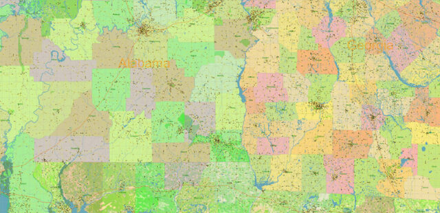 Dothan Alabama US 150 miles radius area PDF Vector Map high detailed ...