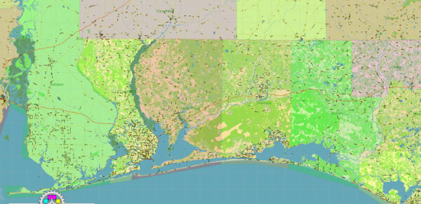 Dothan Alabama US 150 miles radius area Vector Map high detailed All ...