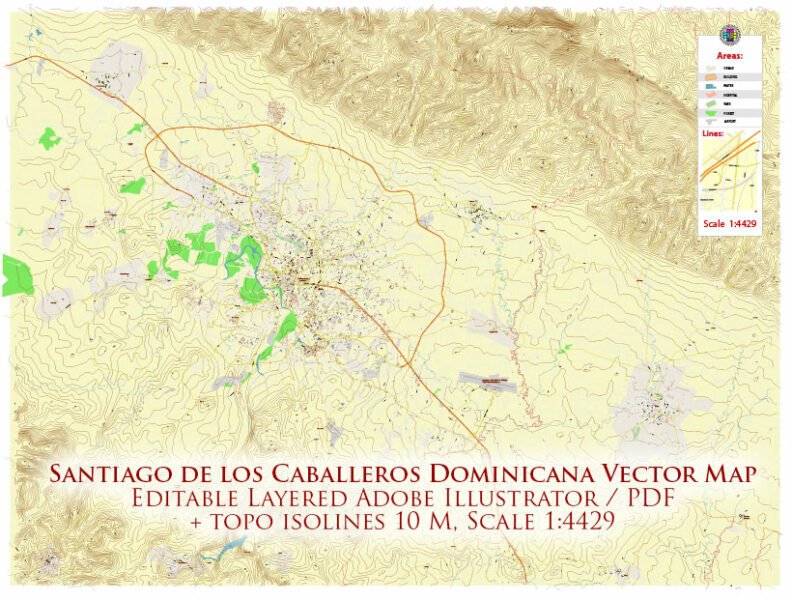 Santiago de los Caballeros + Moca Rep. Dominicana Vector Map + relief ...