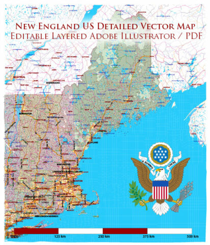 New England US Vector Map high detailed Main Roads + Zipcodes editable ...