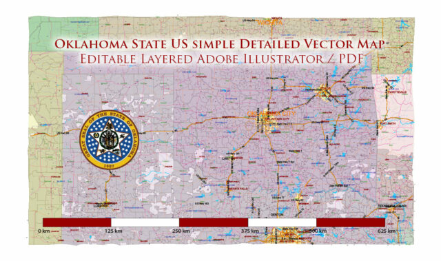 Oklahoma State US Vector Map simple detailed Main Roads + Zipcodes ...