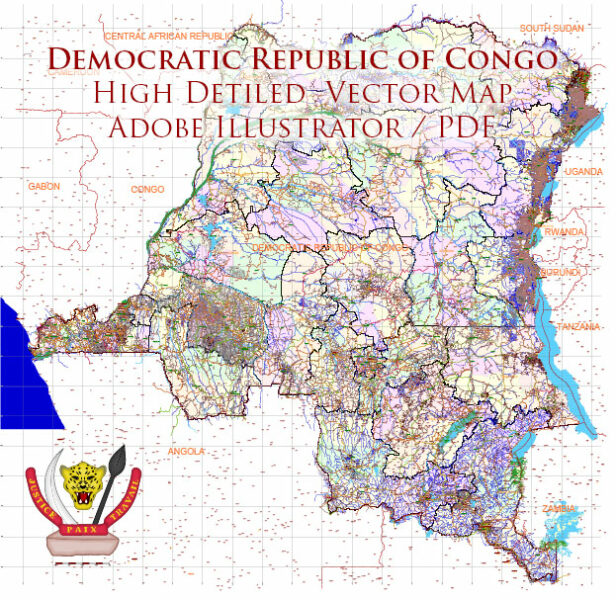 Congo Democratic Republic Vector Map high detailed road map + admin ...