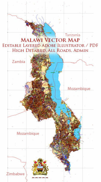 Malawi PDF Vector Map high detailed road map + admin areas + cities and ...