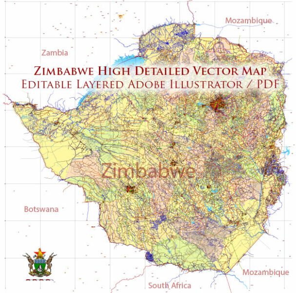 Zimbabwe PDF Vector Map high detailed road map + admin areas + cities ...