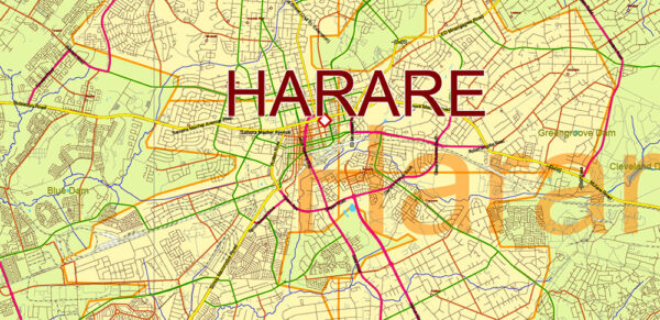 Zimbabwe Vector Map high detailed road map + admin areas + cities and ...