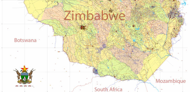 Zimbabwe Vector Map high detailed road map + admin areas + cities and ...
