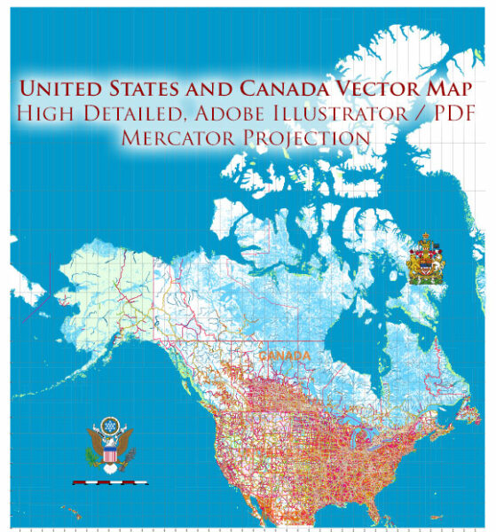 United States and Canada Vector Map High Detailed Main Roads, all ...