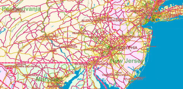 _United States and Canada PDF Vector Map High Detailed Main Roads, all ...