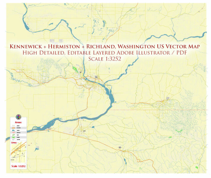 Hermiston + Richland + Kennewick Washington US Vector Map exact high ...