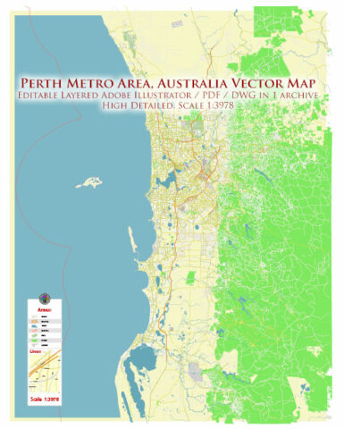 Perth Metro Area Australia Vector Map: Accurate High Detailed City Plan ...