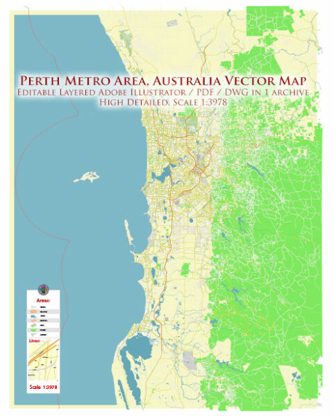 Perth Metro Area Australia Vector Map: Accurate High Detailed City Plan ...
