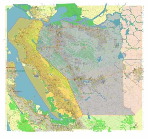 East Bay (east part of San Francisco Bay Area) California US Vector Map ...