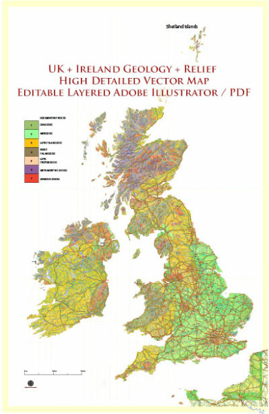 UK + Ireland Geological + Relief PDF Vector Map High Detailed editable ...