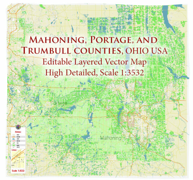 Mahoning + Portage + Trumbull counties Ohio USA High Detailed Vector ...