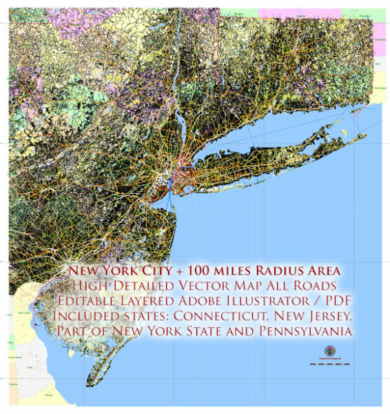 New York City USA + 100 miles radius area High Detailed Vector Map ...