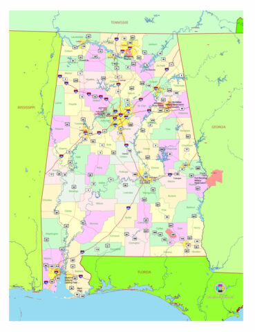 Free Vector map of the state of Alabama, USA, main roads with numbers ...