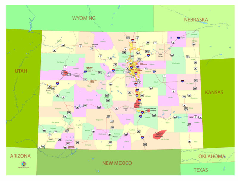 Free Vector map of the state of Colorado, USA, main roads with numbers ...