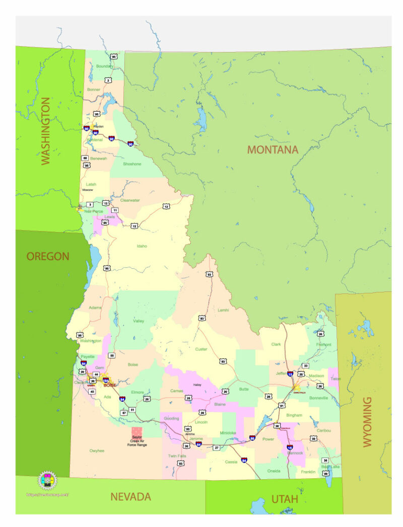 Free Vector map of the state of Idaho, USA, main roads with numbers ...