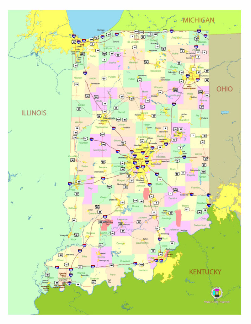 Free Vector map of the state of Indiana, USA, main roads with numbers ...