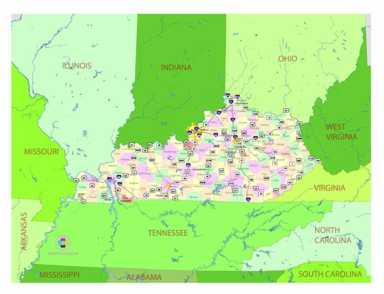 Free Vector map of the state of Kentucky, USA, main roads with numbers ...