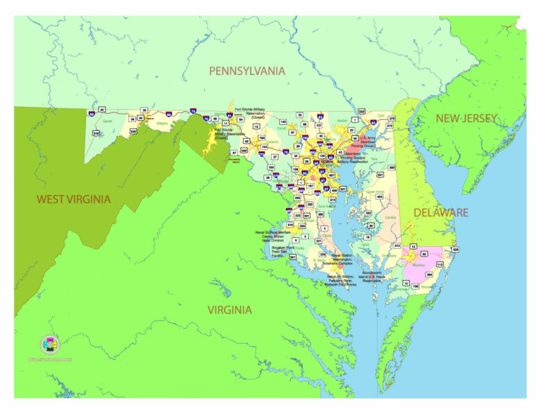 Free Vector map of the state of Maryland, USA, main roads with numbers ...