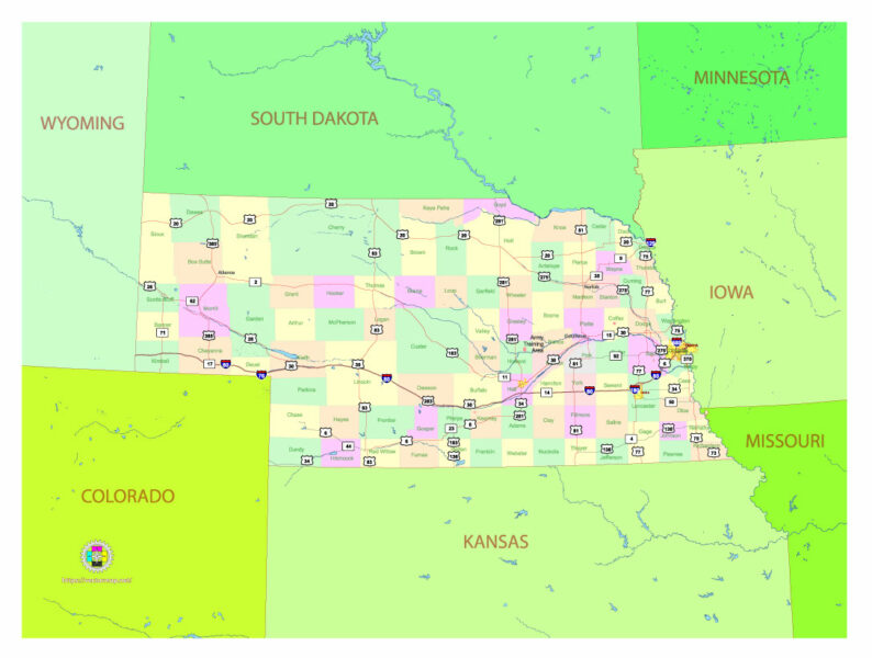 Free Vector map of the state of Nebraska, USA, main roads with numbers ...