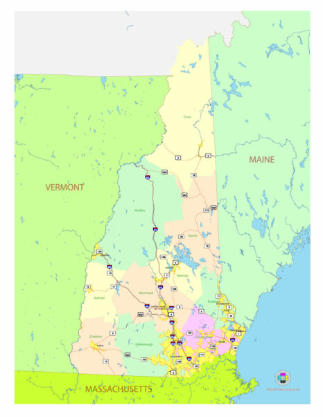 Free Vector map of the state of New Hampshire, USA, main roads with ...