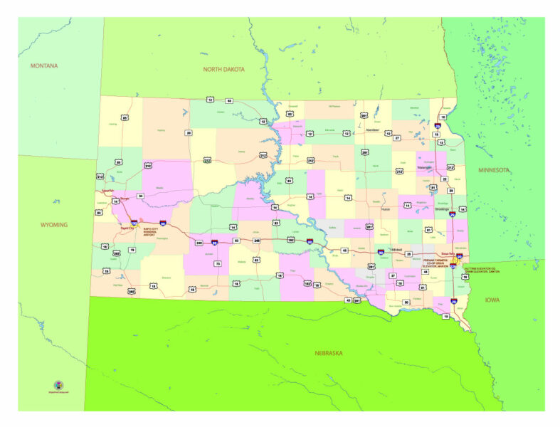 Free Vector map of the state of South Dakota, USA, main roads with ...