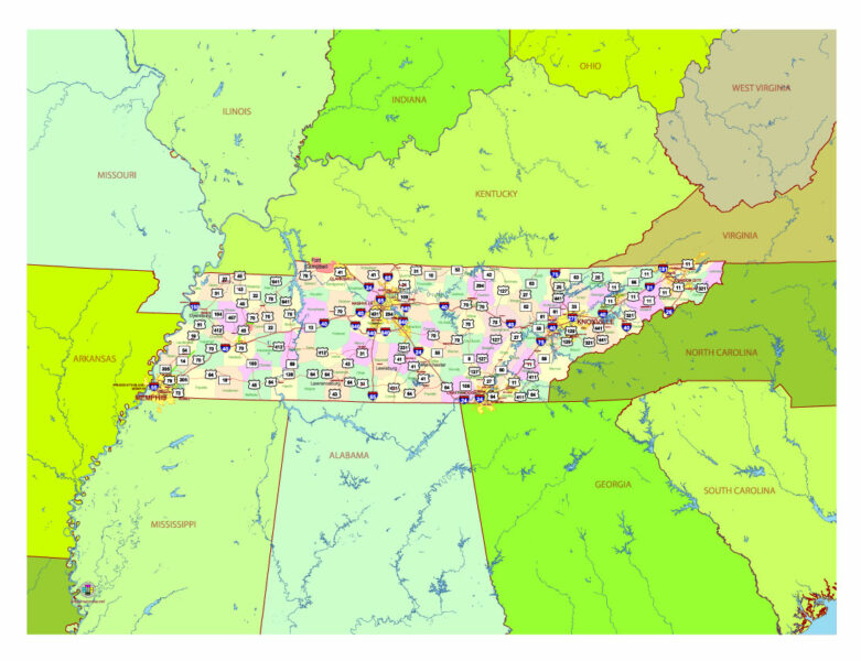 Free Vector map of the state of Tennessee, USA, main roads with numbers ...
