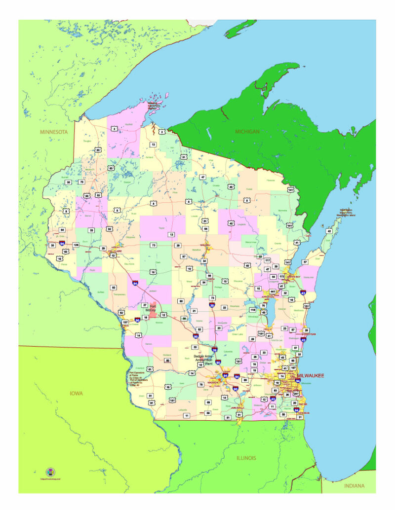 Free Vector map of the state of Wisconsin, USA, main roads with numbers ...