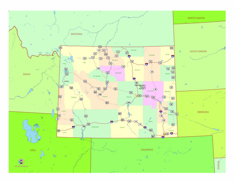 Free Vector map of the state of Wyoming, USA, main roads with numbers ...