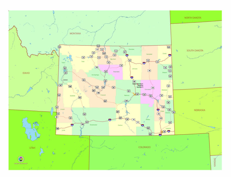 Free Vector map of the state of Wyoming, USA, main roads with numbers ...