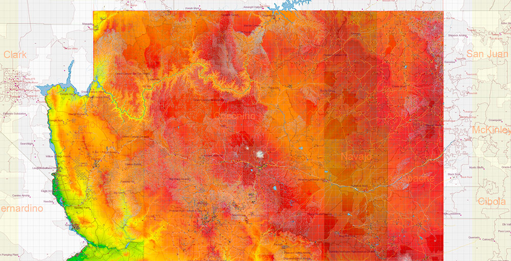 _Arizona State US Map Vector Exact Colored Reliaf and Roads High ...