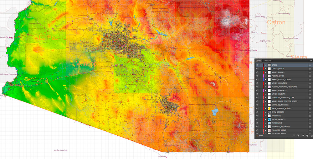 _Arizona State US PDF Map Vector Exact Colored Reliaf and Roads High ...