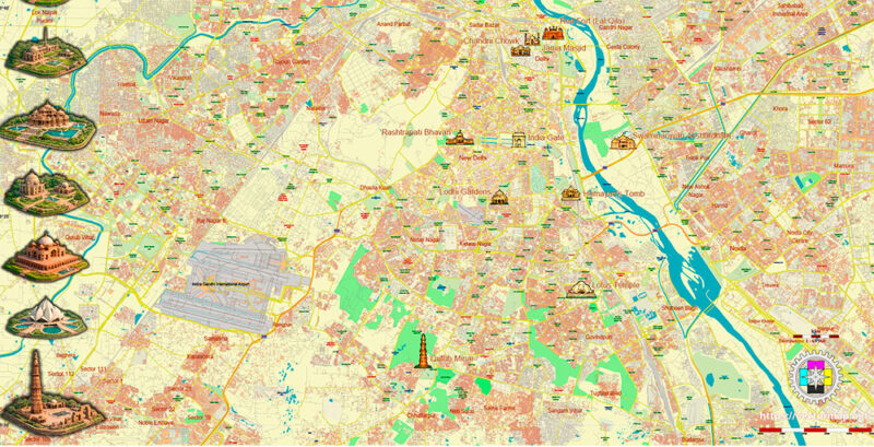Delhi India Central Area Map Vector Attractions Exact High Detailed ...