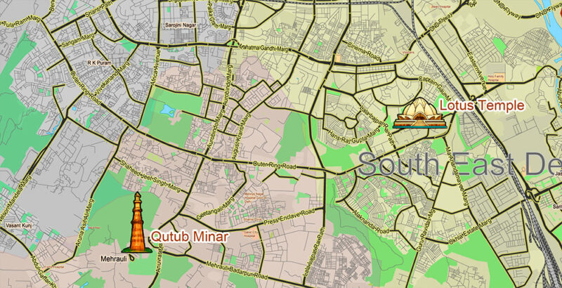Delhi India Metro Area Map Vector Attractions Exact High Detailed ...