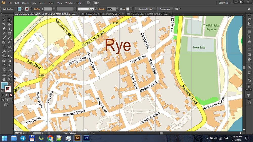 Rye East Sussex UK Map Vector Exact City Plan High Detailed Street Map ...