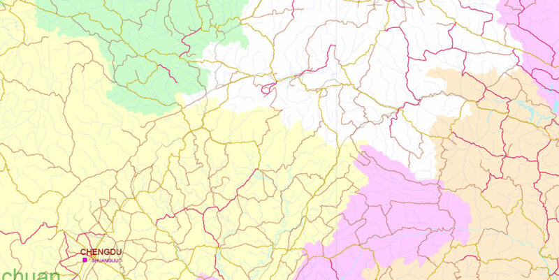 Chengdu, Xi’An and Chonquing China Vector Map Road and Railroad map ...