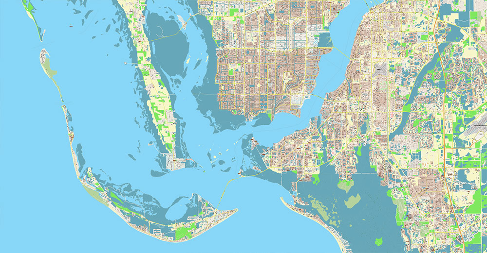 Cape Coral + Fort Myers Florida US PDF Map Vector City Plan High ...